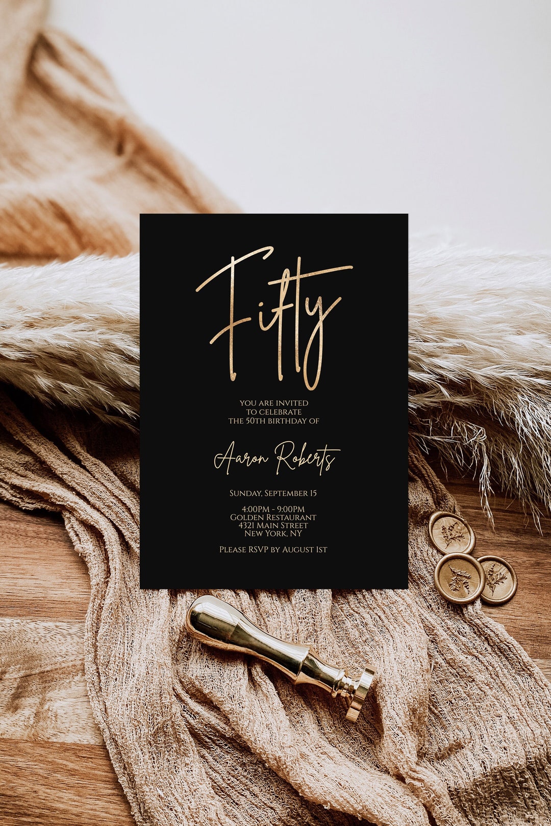 Editable Fifty 50th Birthday Invitation Template, Printable Black Gold ...