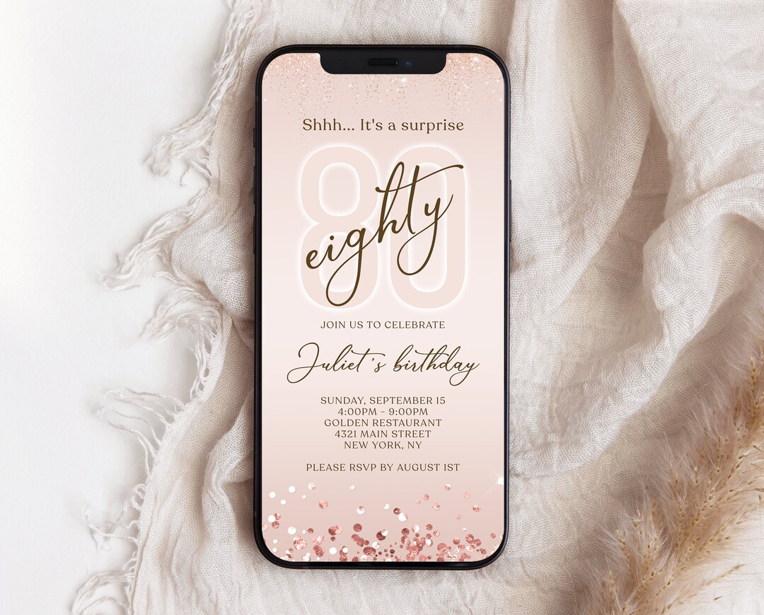 Digital Shhh It's a Surprise 80th Eighty Text Invitation Template, Rose ...