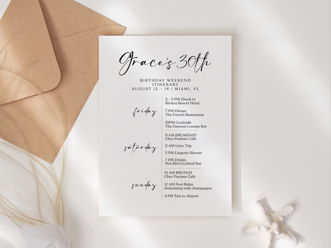 Printable Simple Birthday Itinerary Template, Editable Minimalist ...