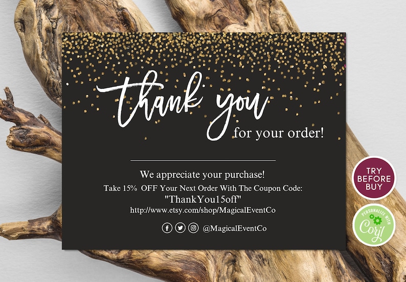 Black Gold Glitter Thank You for Your Order Cards Template | Etsy