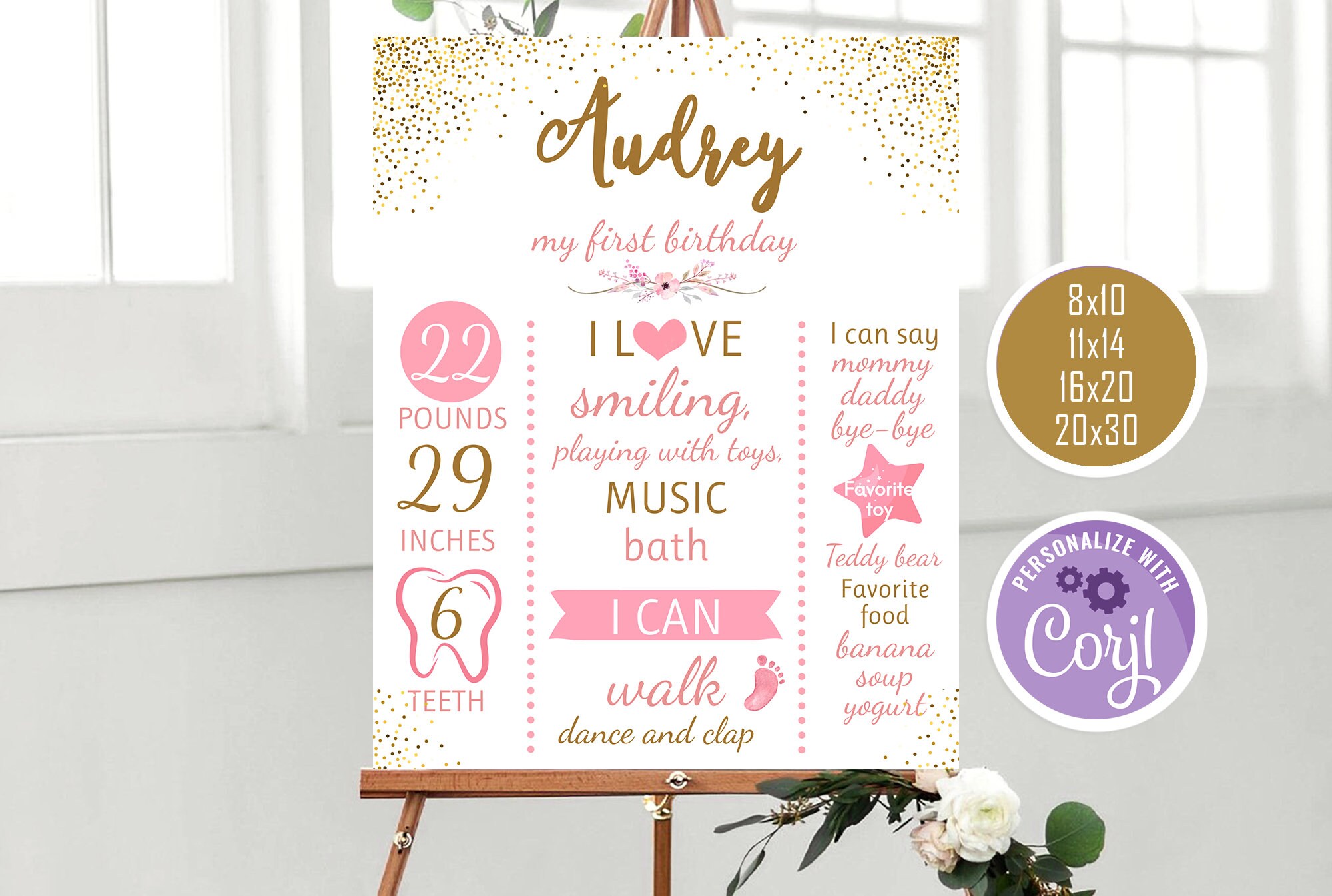 First Birthday Poster Pink and Gold Confetti Board Floral | Etsy