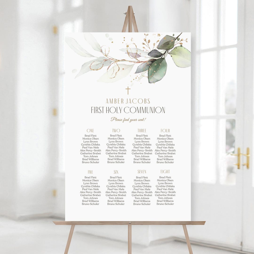 Editable First Holy Communion Seating Chart Sign Template, Greenery ...