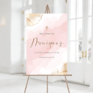 Girl Confirmation Welcome Sign Template, Printable Pink Gold Watercolor ...