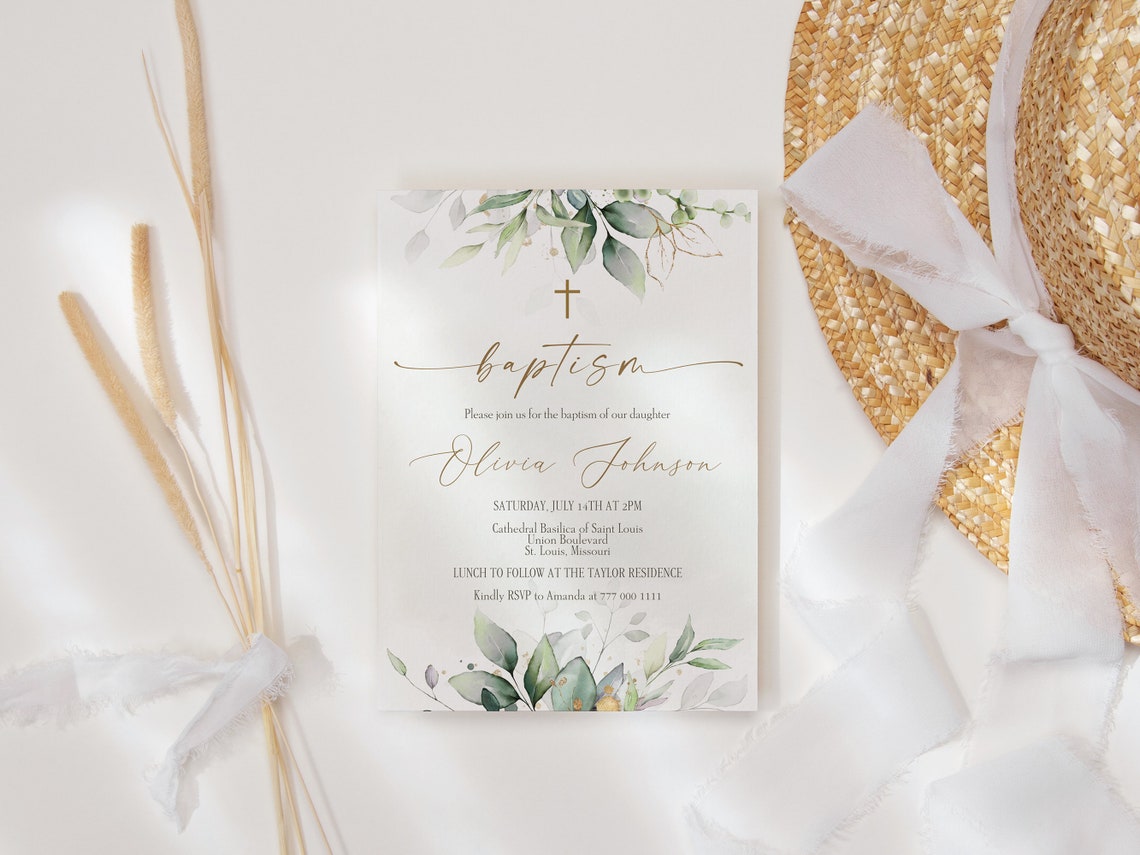 Gold Baptism Invitation Greenery Watercolor Baptism - Etsy
