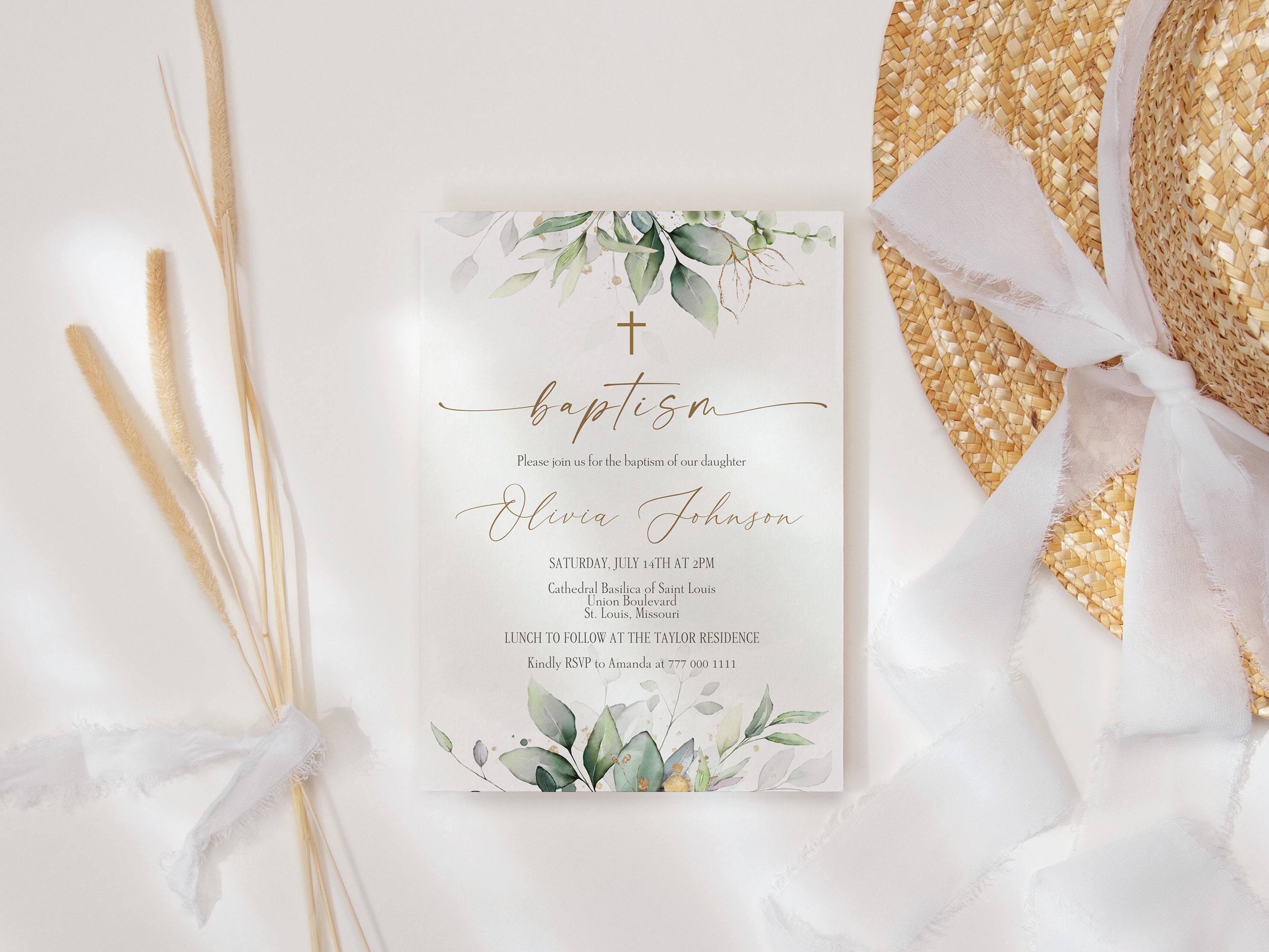 Gold Baptism Invitation Greenery Watercolor Baptism - Etsy