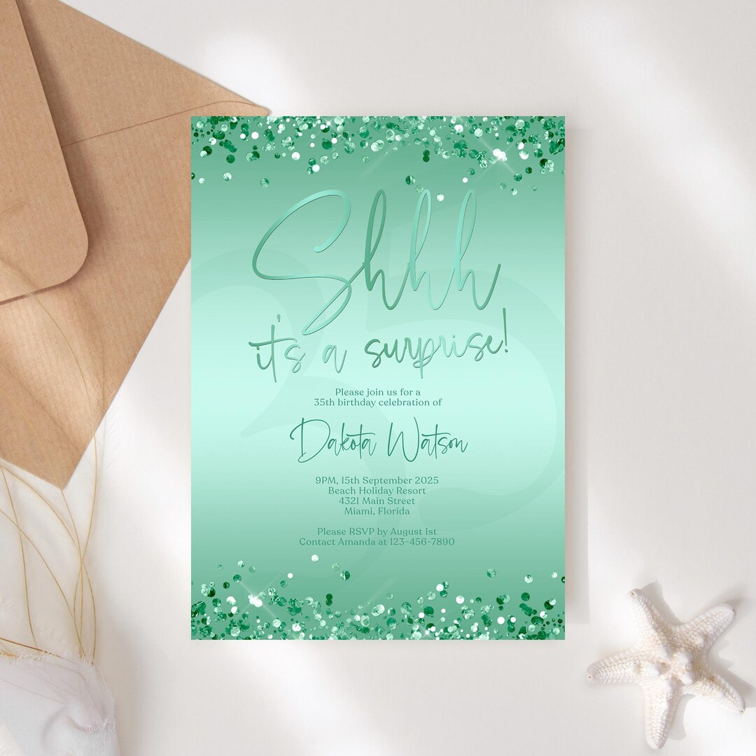 Printable Shhh It's Surprise Green Mint Invitation Template, Editable ...