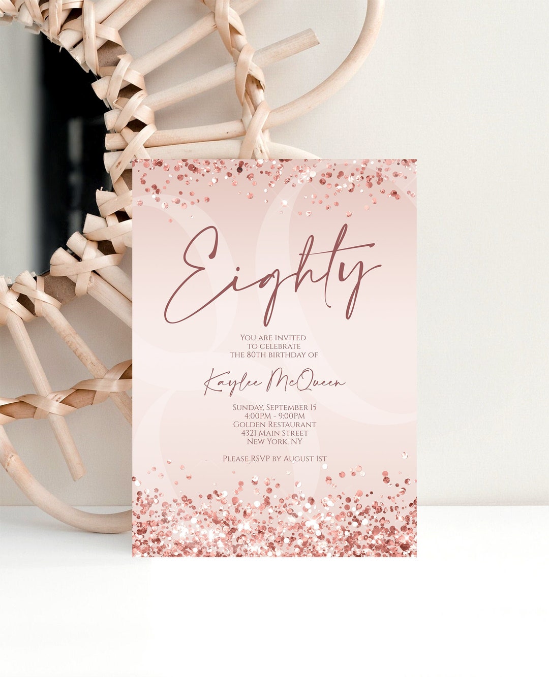 Printable 80th Eighty Birthday Invitation Template, Editable Rose Gold ...