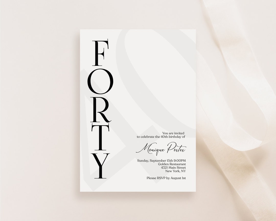 Simple 40th Forty Birthday Invitation Template, Printable Minimalist ...