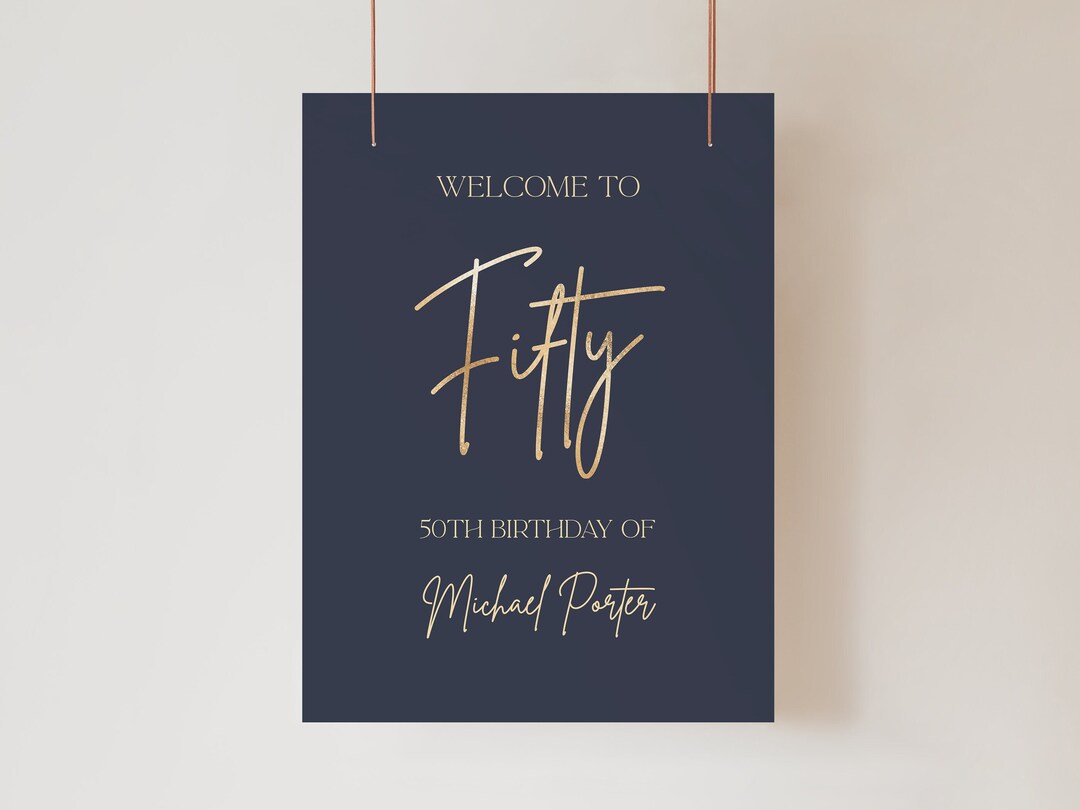 Navy 50th Fifty Birthday Welcome Sign Template, Navy Gold Foil Editable ...