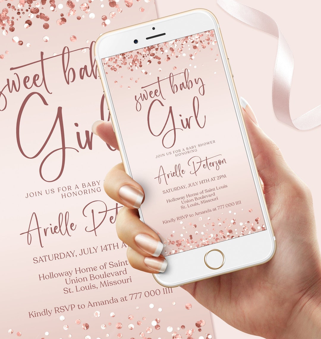 Digital Baby Shower Text Message Invitation Template, Rose Gold Baby ...