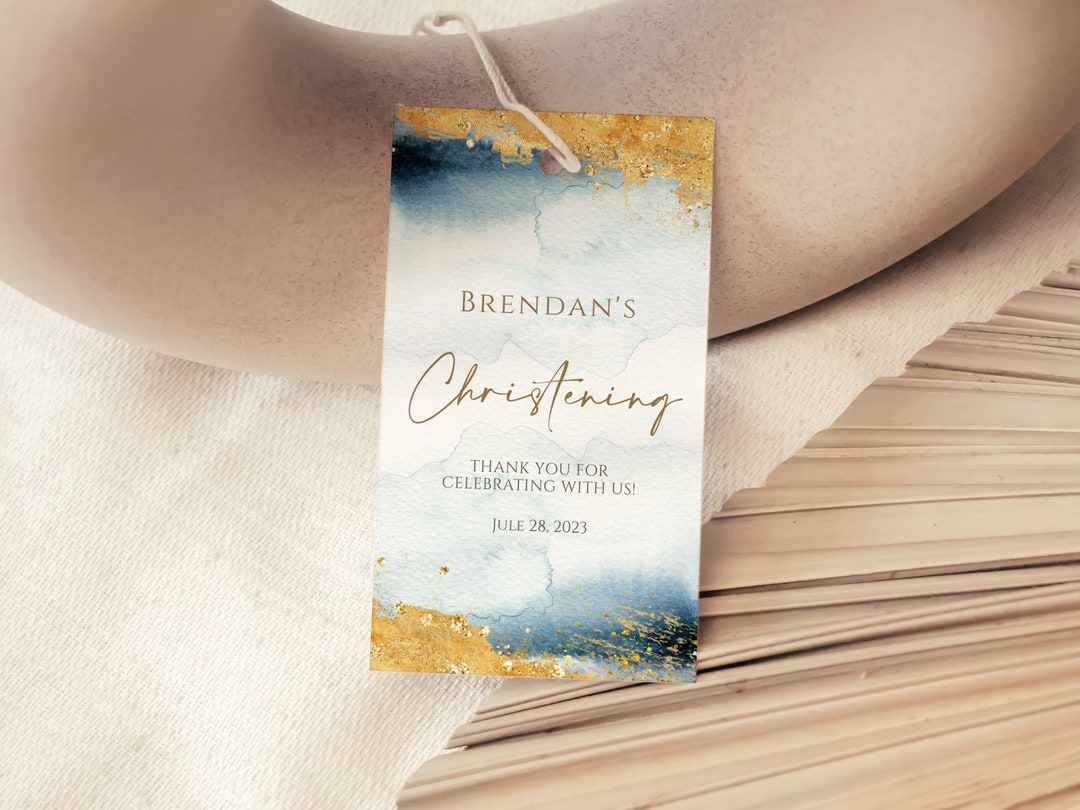 Printable Christening Thank You Tag Template, Blue Gold Watercolor ...