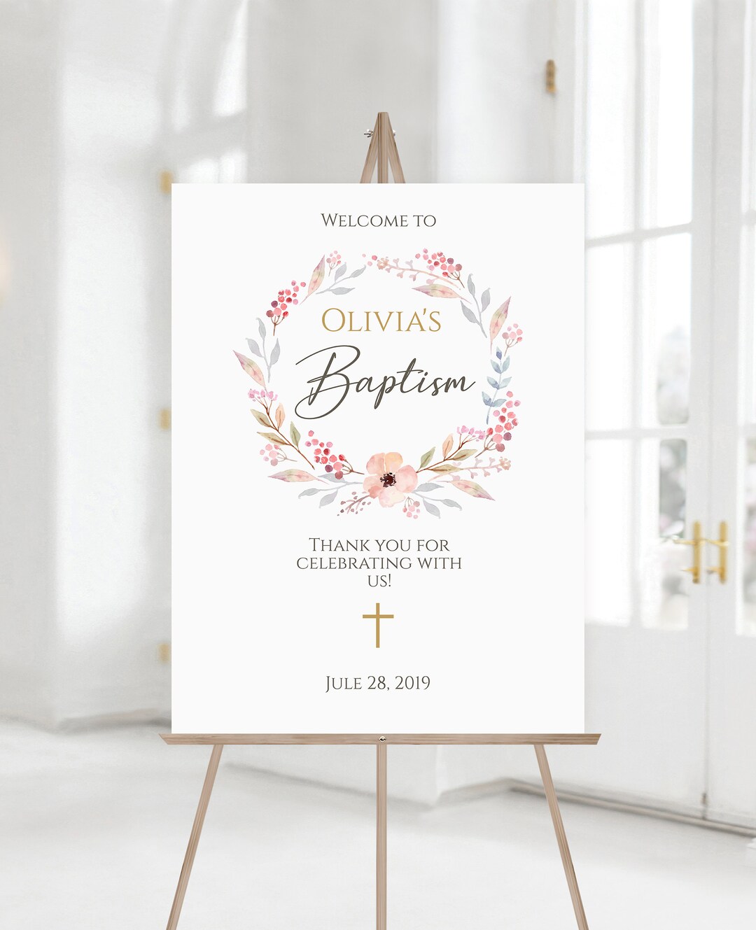 Baptism Welcome Sign Template, Blush Pink Floral Wreath Welcome Chart ...