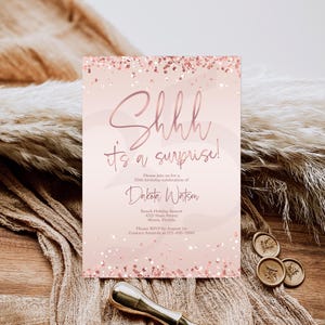 Printable Shhh It's Surprise Pink Rose Gold Invitation Template ...