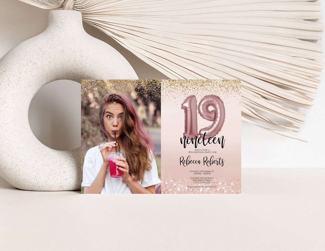 Printable Nineteen Rose Gold Balloon Photo Birthday Invitation, 19th ...
