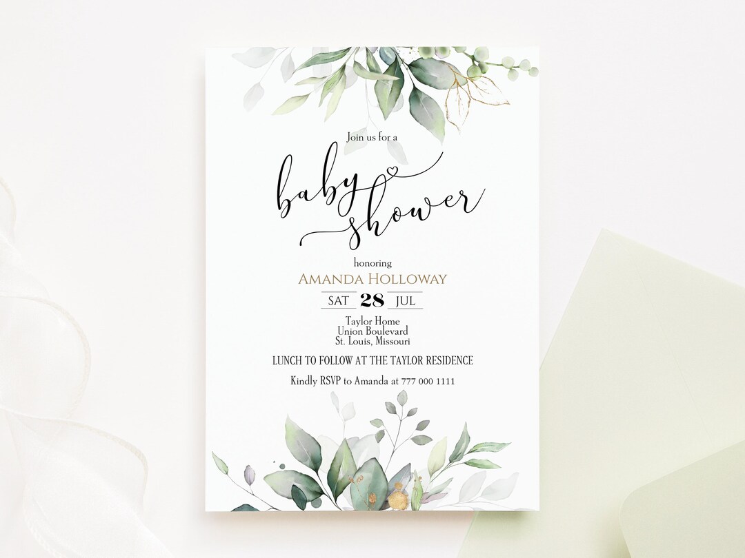Greenery Baby Shower Invitation Template, Editable Invite, Printable ...