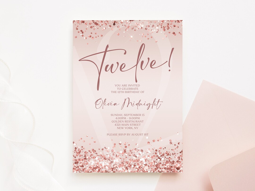 Editable 12th Twelve Birthday Invitation Template, Printable Rose Gold ...
