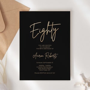 Printable Eighty 80th Birthday Invitation Template, Editable Black Gold ...