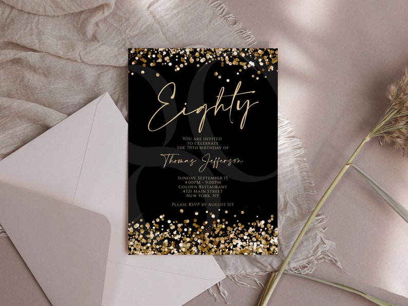Printable Black Gold Eighty 80th Birthday Invitation Template - Etsy