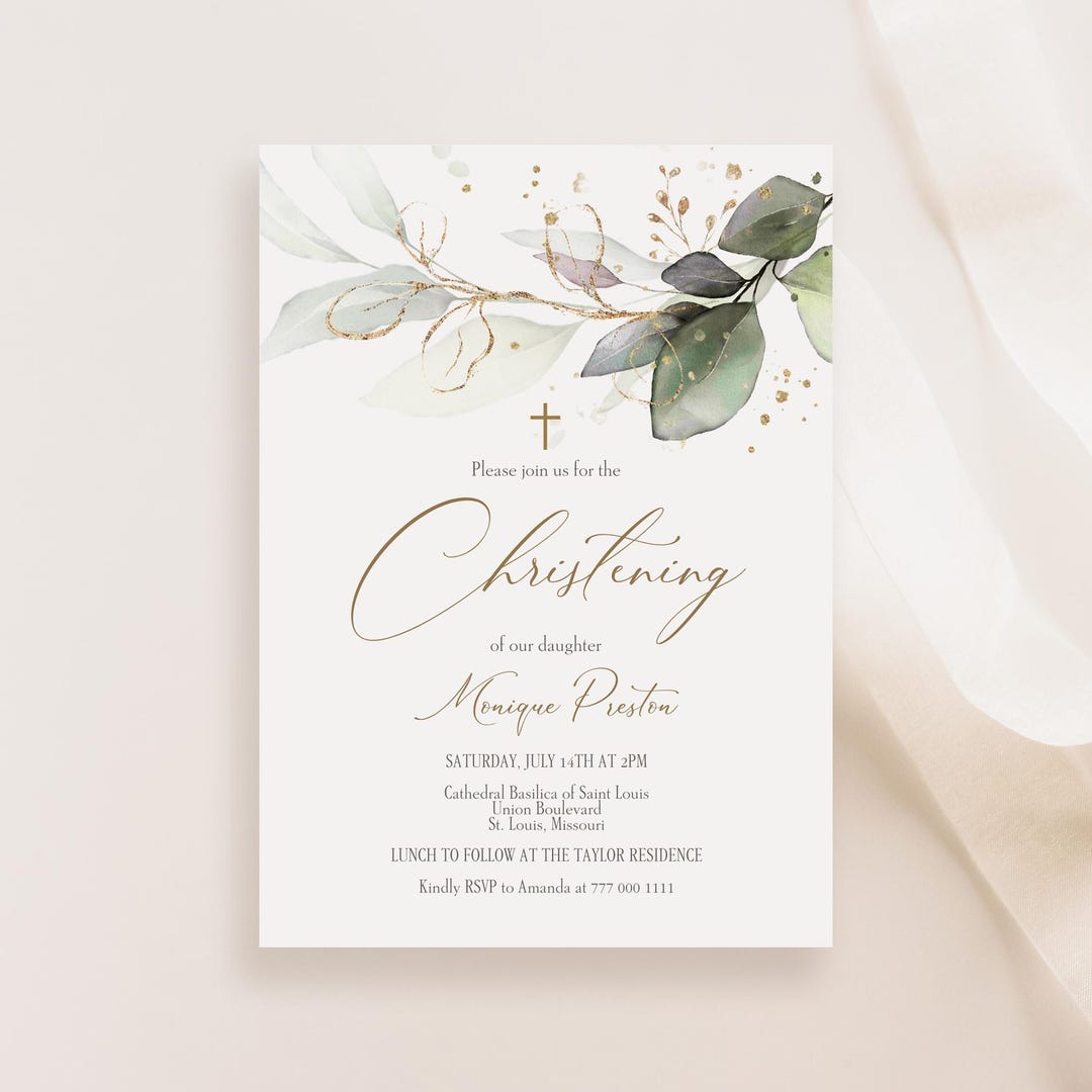 Editable Christening Invitation Card Template, Greenery Christening ...