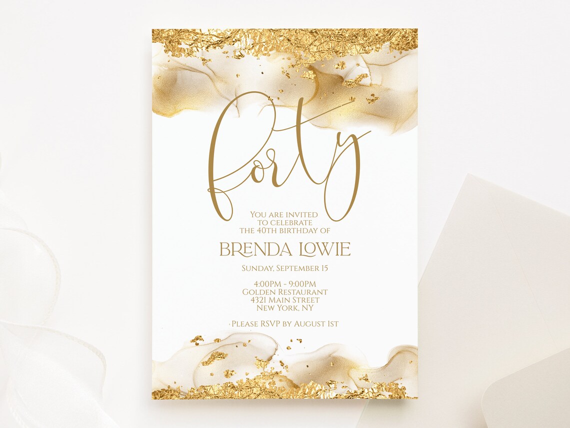 Printable 40th Forty Invitation Editable Gold Foil Glitter - Etsy
