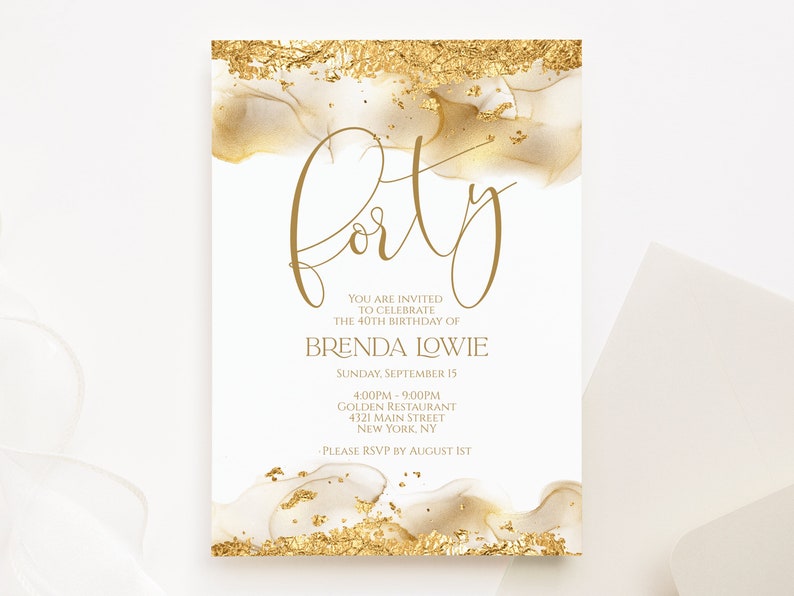 Printable 40th Forty Invitation Editable Gold Foil Glitter - Etsy