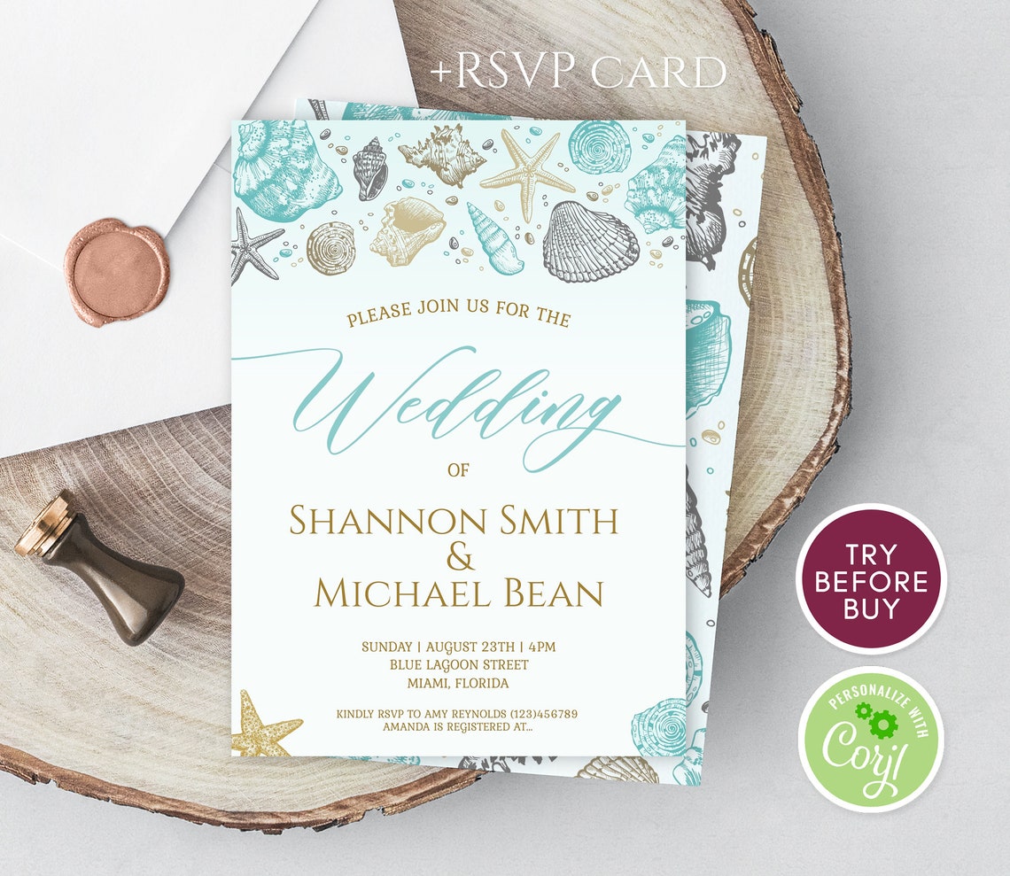 Beach Theme Wedding Invitation Template Destination Wedding | Etsy