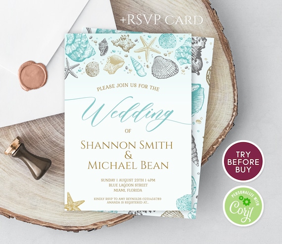Beach Theme Wedding Invitation Template Destination Wedding | Etsy