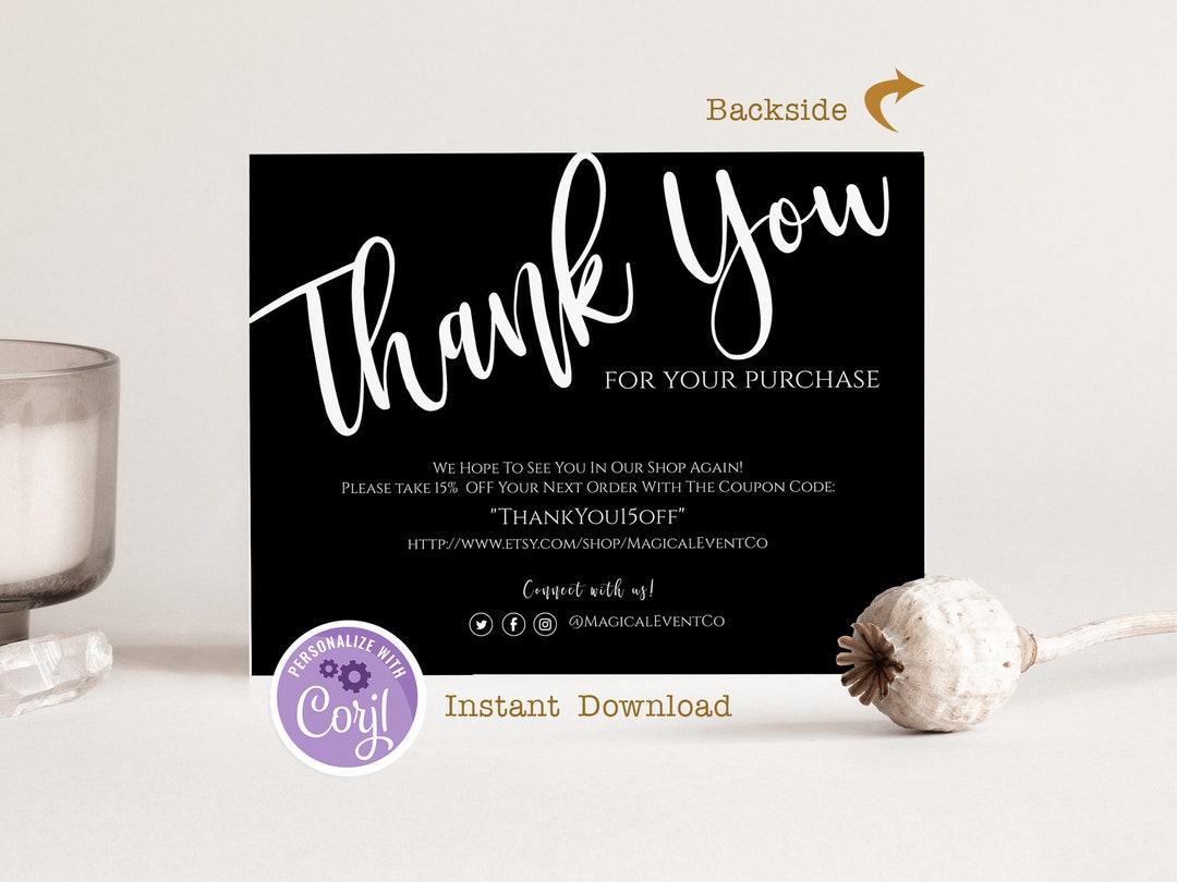 Business Thank You for Your Purchase Card, Printable Cards, Instant ...