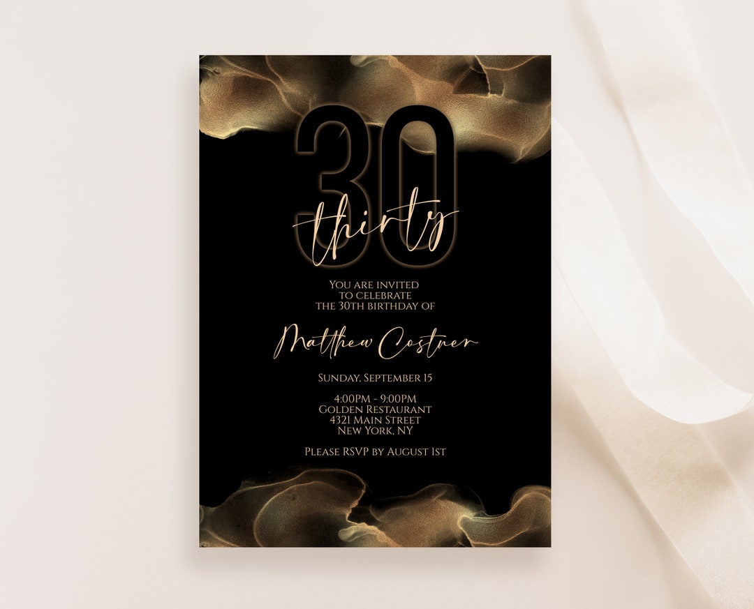 Printable Black Gold 30th Thirty BIRTHDAY Invitation Template, Editable ...
