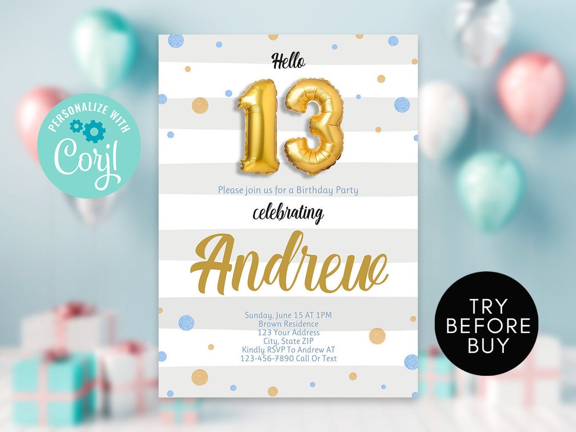 13th Birthday Invitation Editable 13th Boy Birthday | Etsy