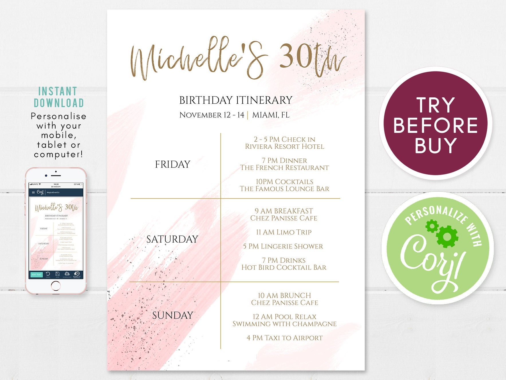Printable Birthday Itinerary Template Editable Birthday Etsy