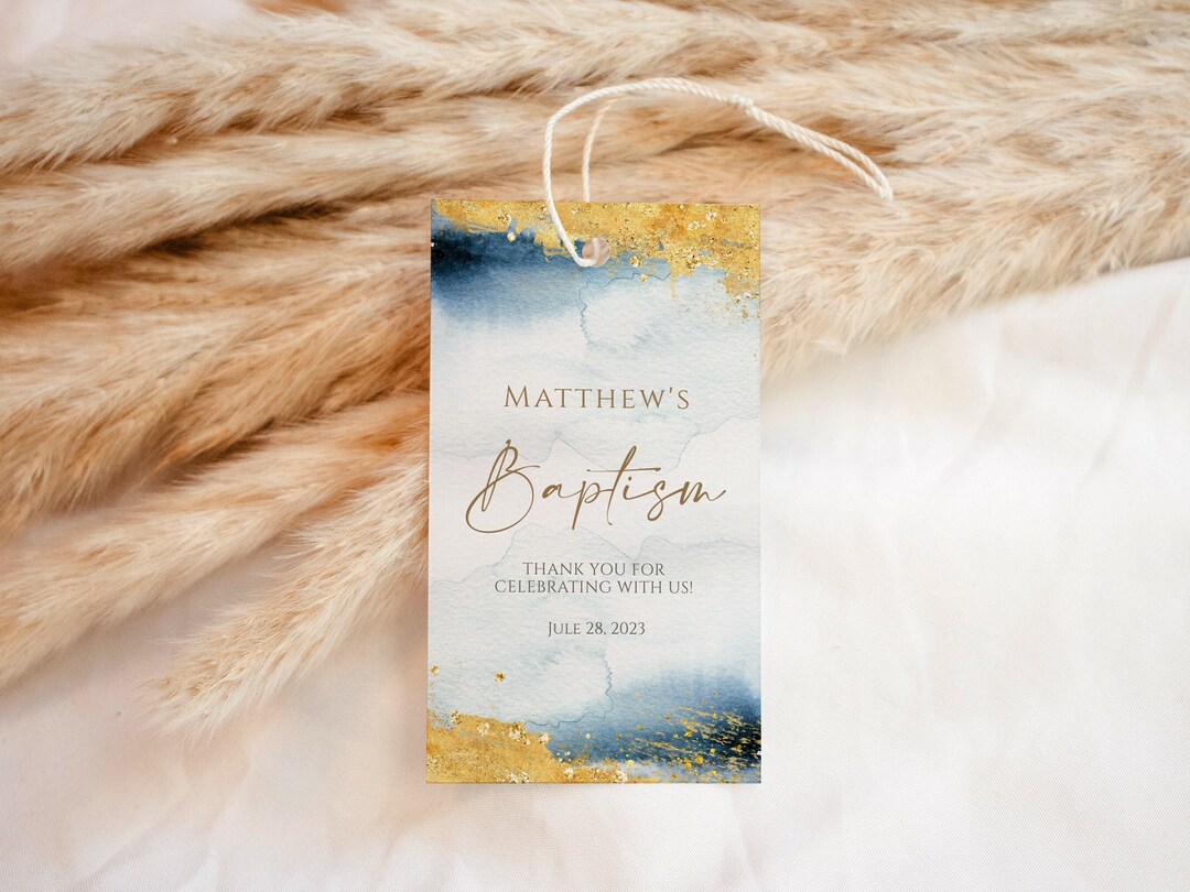 Printable Baptism Thank You Tag Template, Blue Gold Watercolor Baptism ...