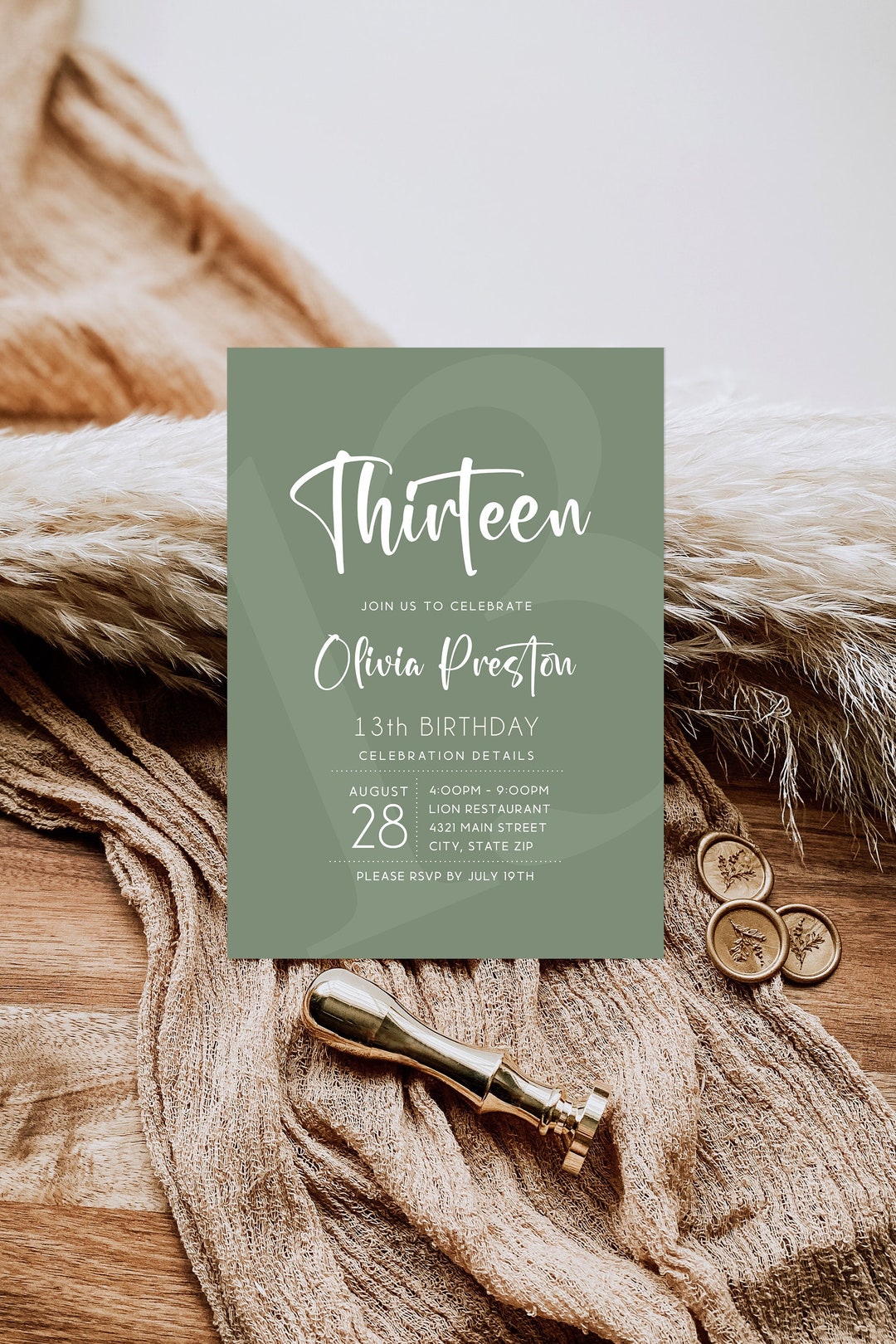 Simple Sage Green Thirteen 13th Birthday Invitation Template, Printable ...