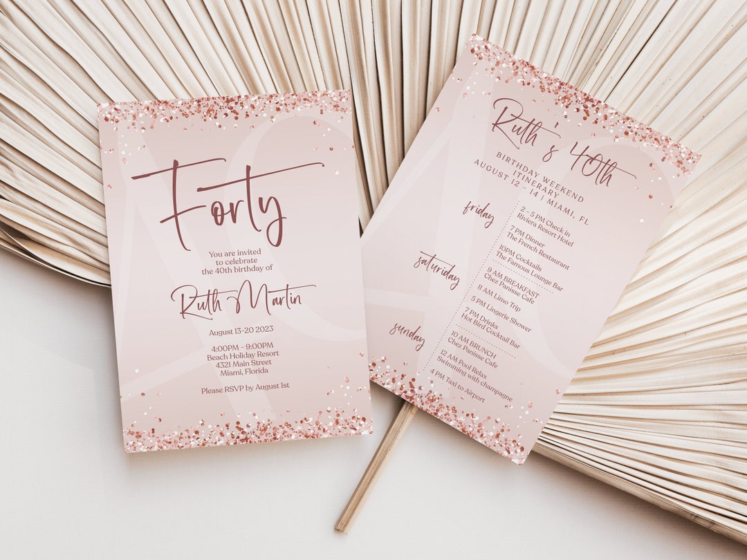 Editable Rose Gold 40th Forty Birthday Weekend Itinerary Template ...