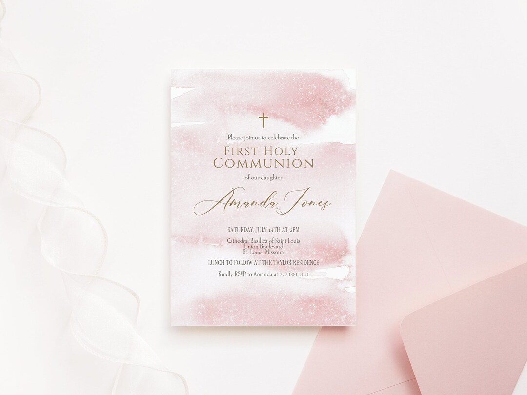 Pink Watercolor First Communion Invitation Template Printable - Etsy