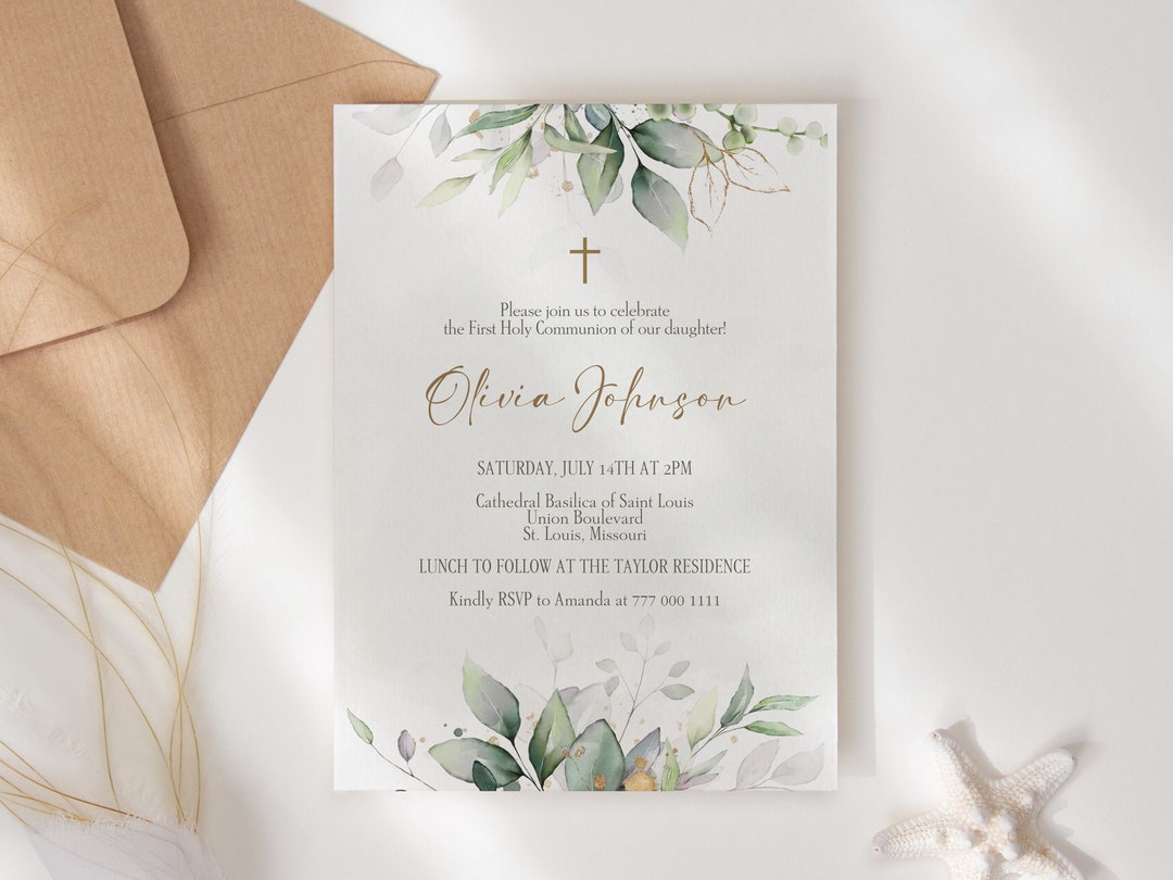 First Holy Communion Invitation Template, Greenery Watercolor Printable ...