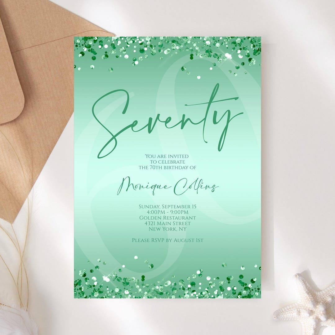 Printable Mint Green 70th Seventy Birthday Invitation Template, Digital ...