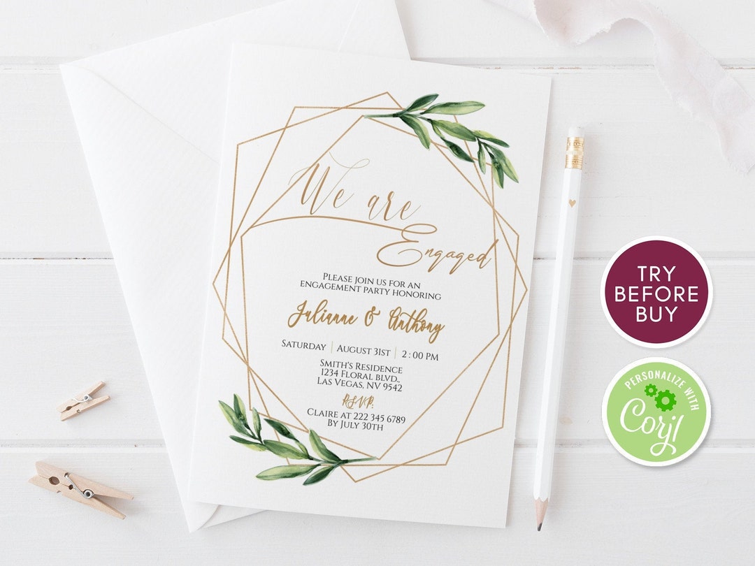 Greenery Engagement Invitation, Geometric Green Leaves Invite, Editable ...