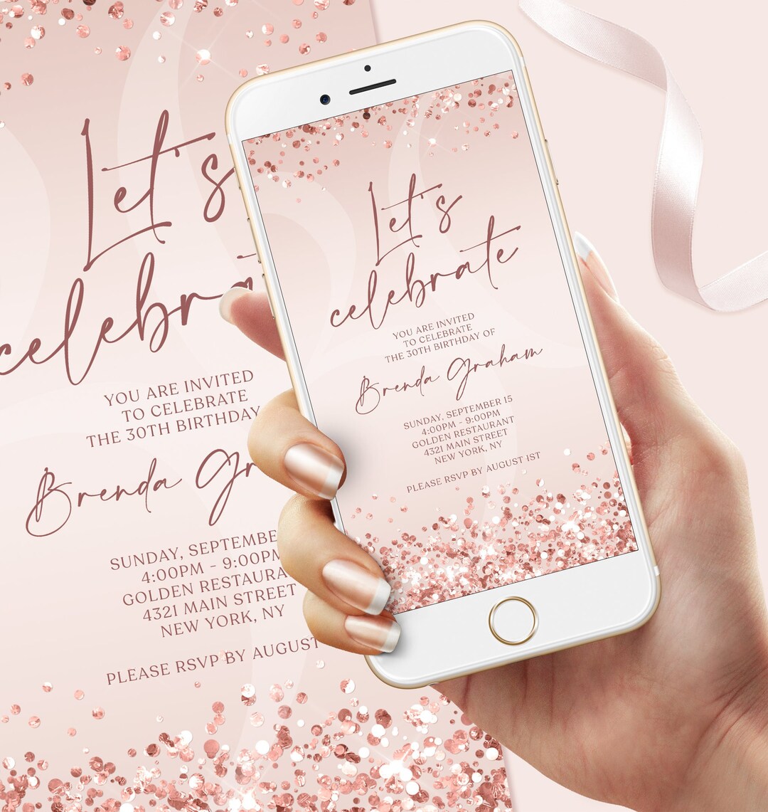 Digital Rose Gold Birthday Invitation Template, Electronic Birthday ...
