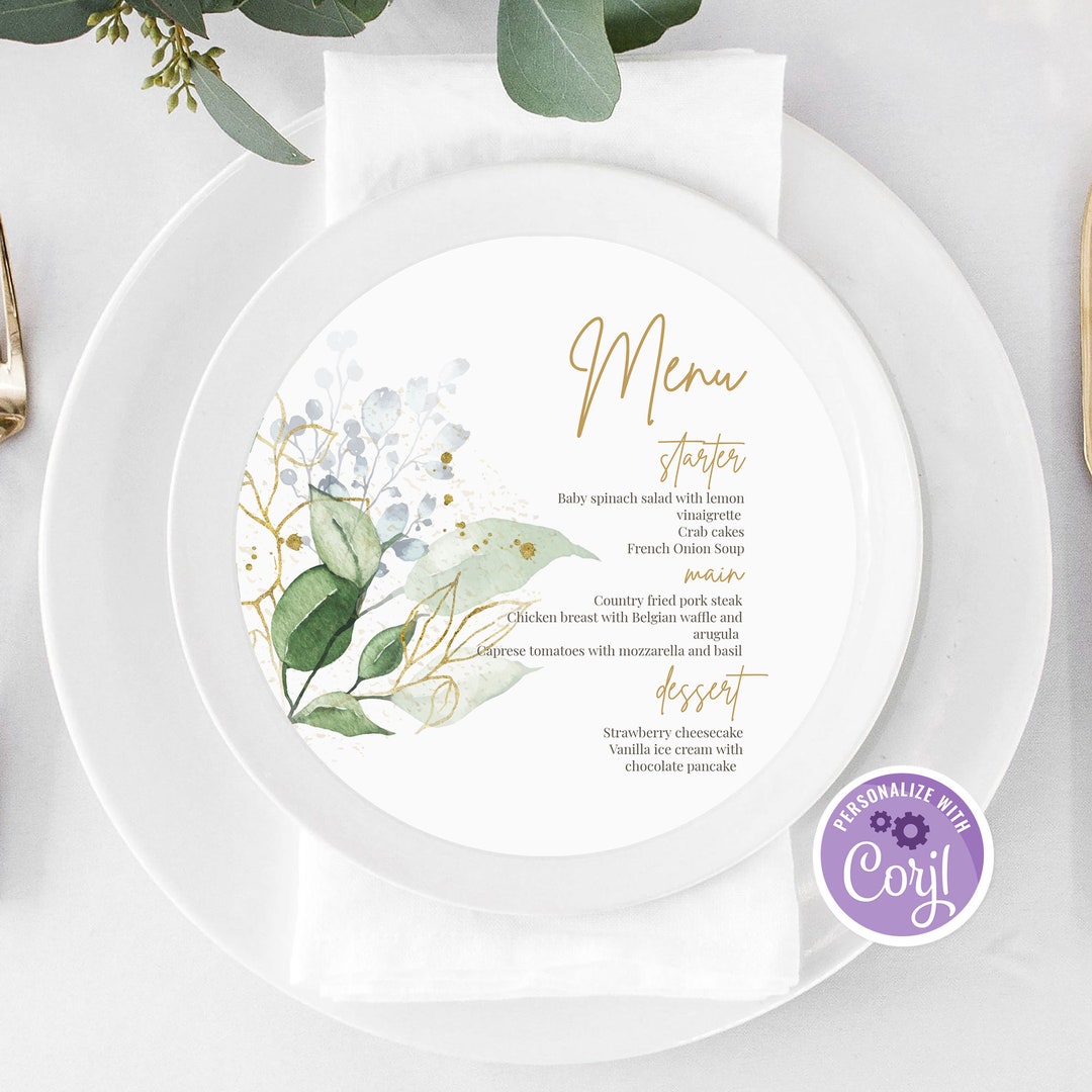 Greenery Floral Round Menu, Editable Gold Wedding Menu, Circle Menu ...