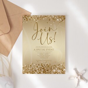 Join Us Gold Business Invitation Template, Editable Gold Confetti ...