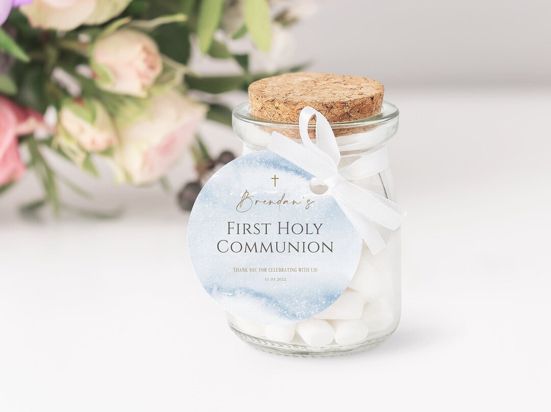 Round First Holy Communion Favor Tag Template, Blue Watercolor Thank ...