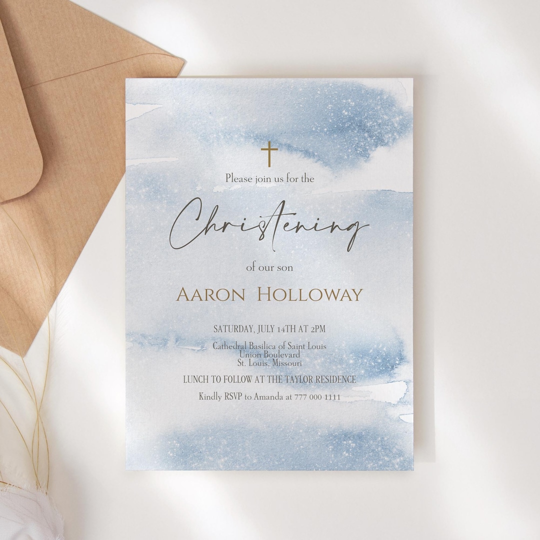 Printable Christening Boy Invitation, Blue Boy Christening Invite ...