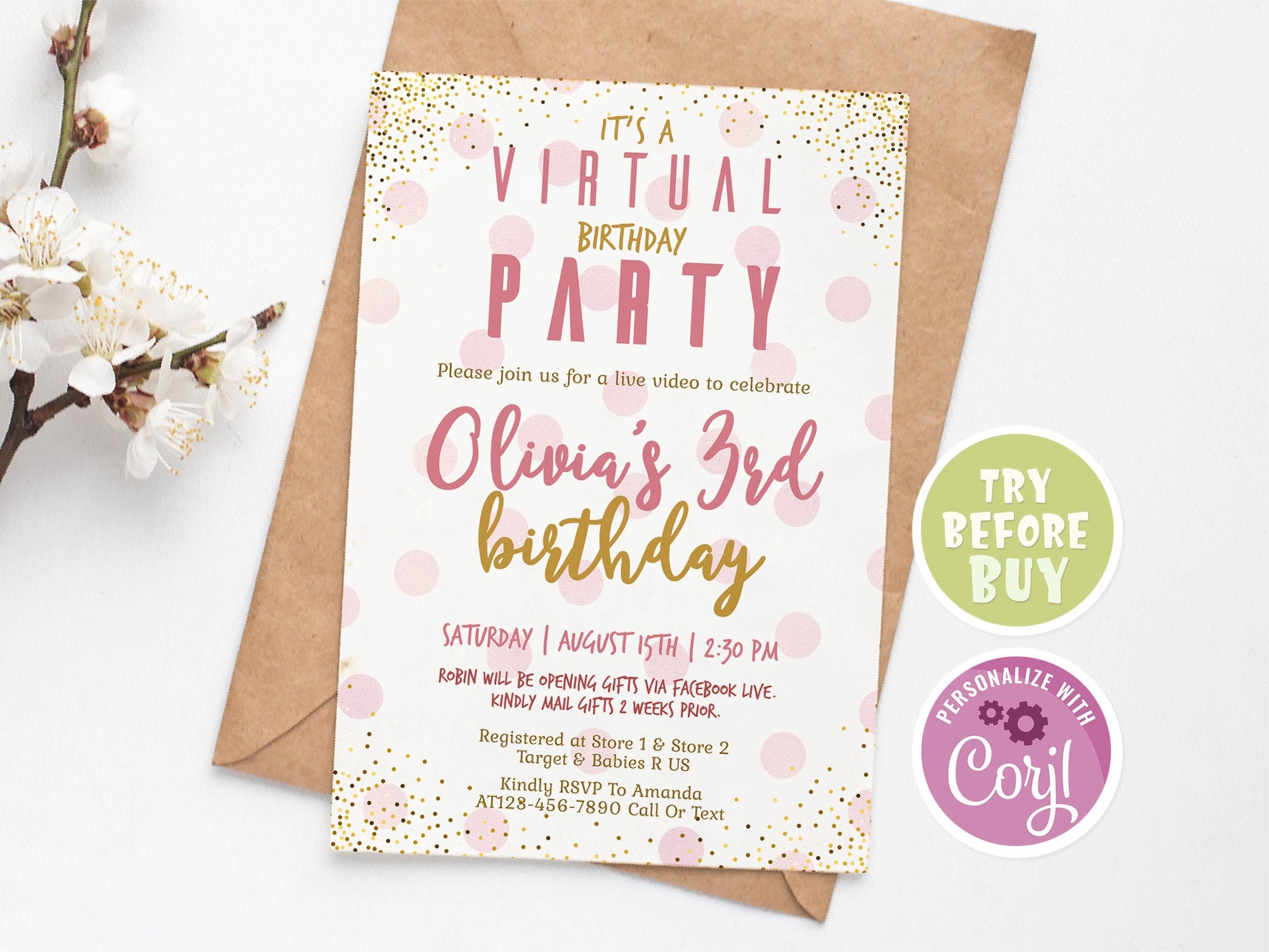 Editable Virtual Birthday Invitation Template Girl Virtual | Etsy