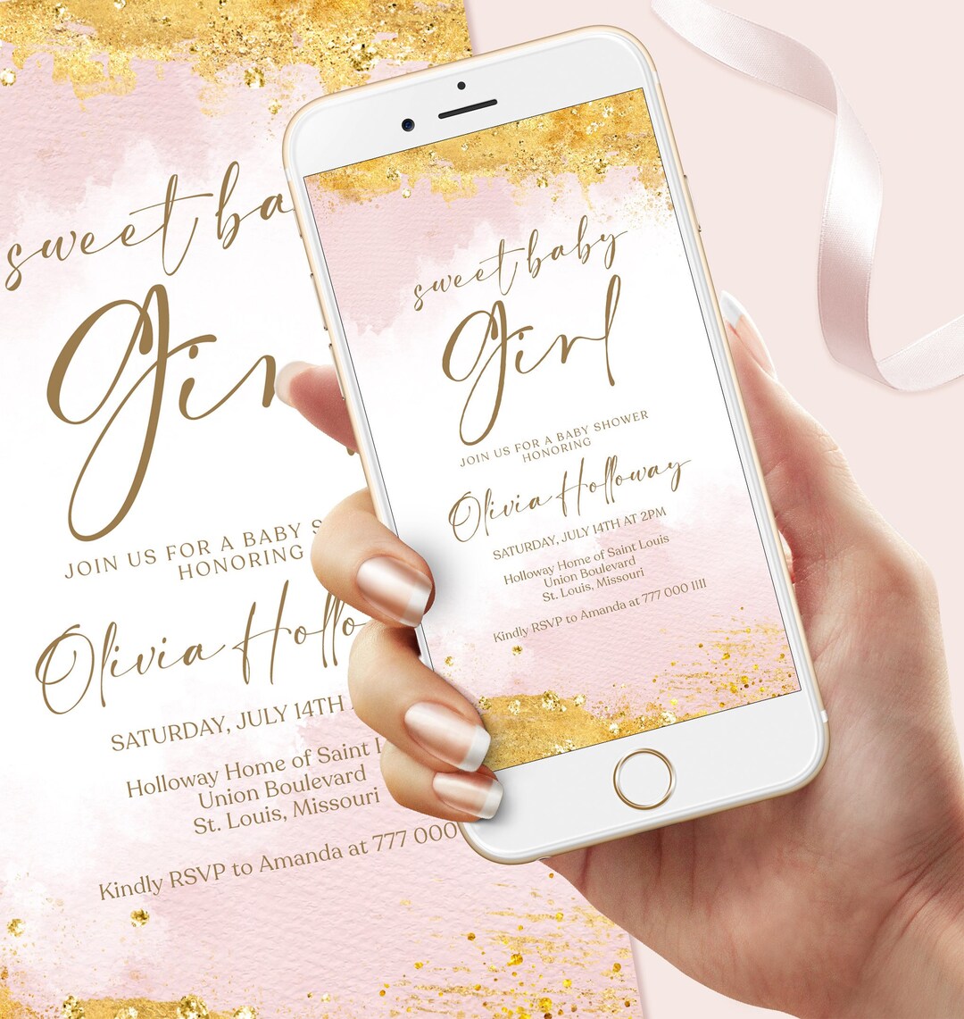 Electronic Baby Shower Text Message Invitation Template, Pink Gold Baby ...