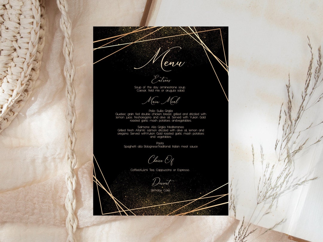 Printable Black Gold Menu, Editable Gold Frame Birthday Menu, Wedding ...