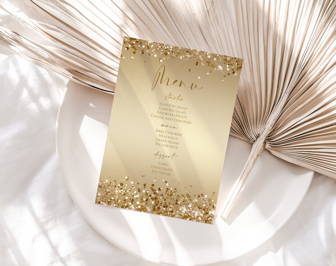 Gold Foil Glitter Menu Template, Printable Birthday Menu Card, Editable ...