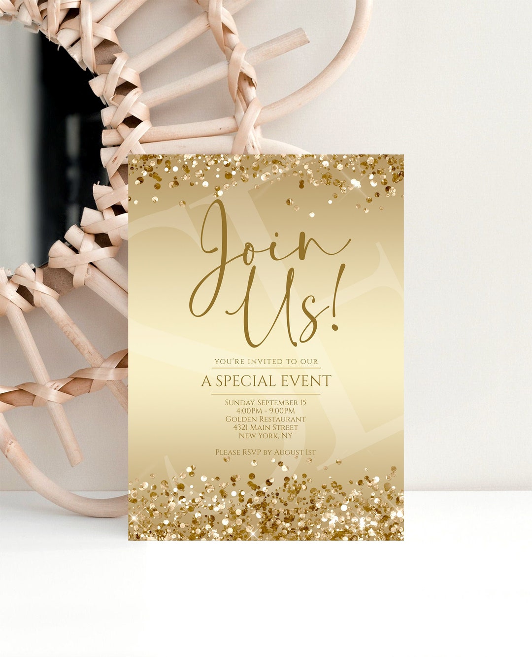 Join Us Gold Business Invitation Template, Editable Gold Confetti ...