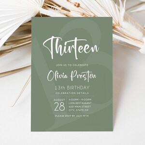 Simple Sage Green Thirteen 13th Birthday Invitation Template, Printable ...