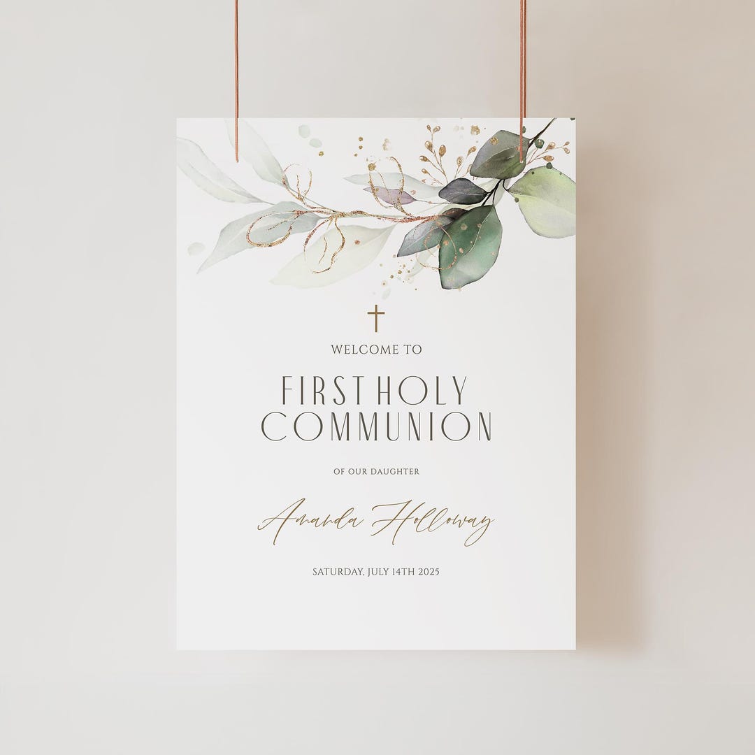 Printable First Holy Communion Welcome Sign Template, Greenery ...